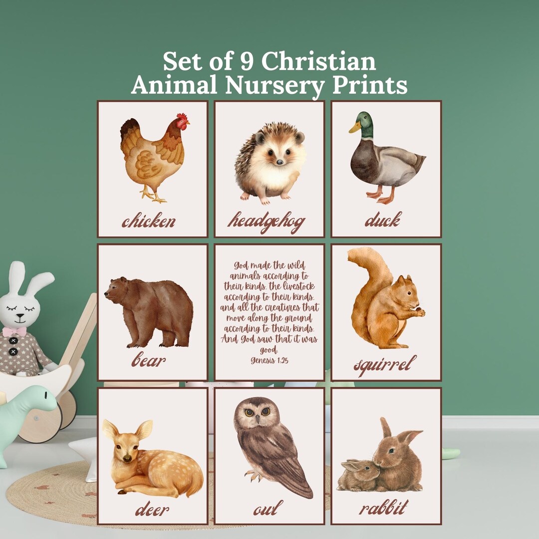 Set of Nine Animal Nursery DIGITAL PRINT Bible Verse Vintage Image ...