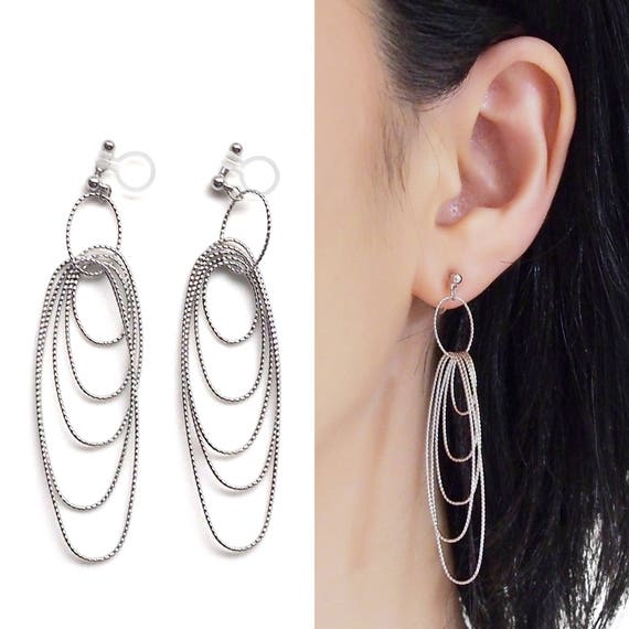 Silver Clip on Earrings Hoops Invisible Clip on Earrings Long Oval Hoop Clip on Earrings Dangle Clip on Hoop Earrings Drop Earrings Etsy