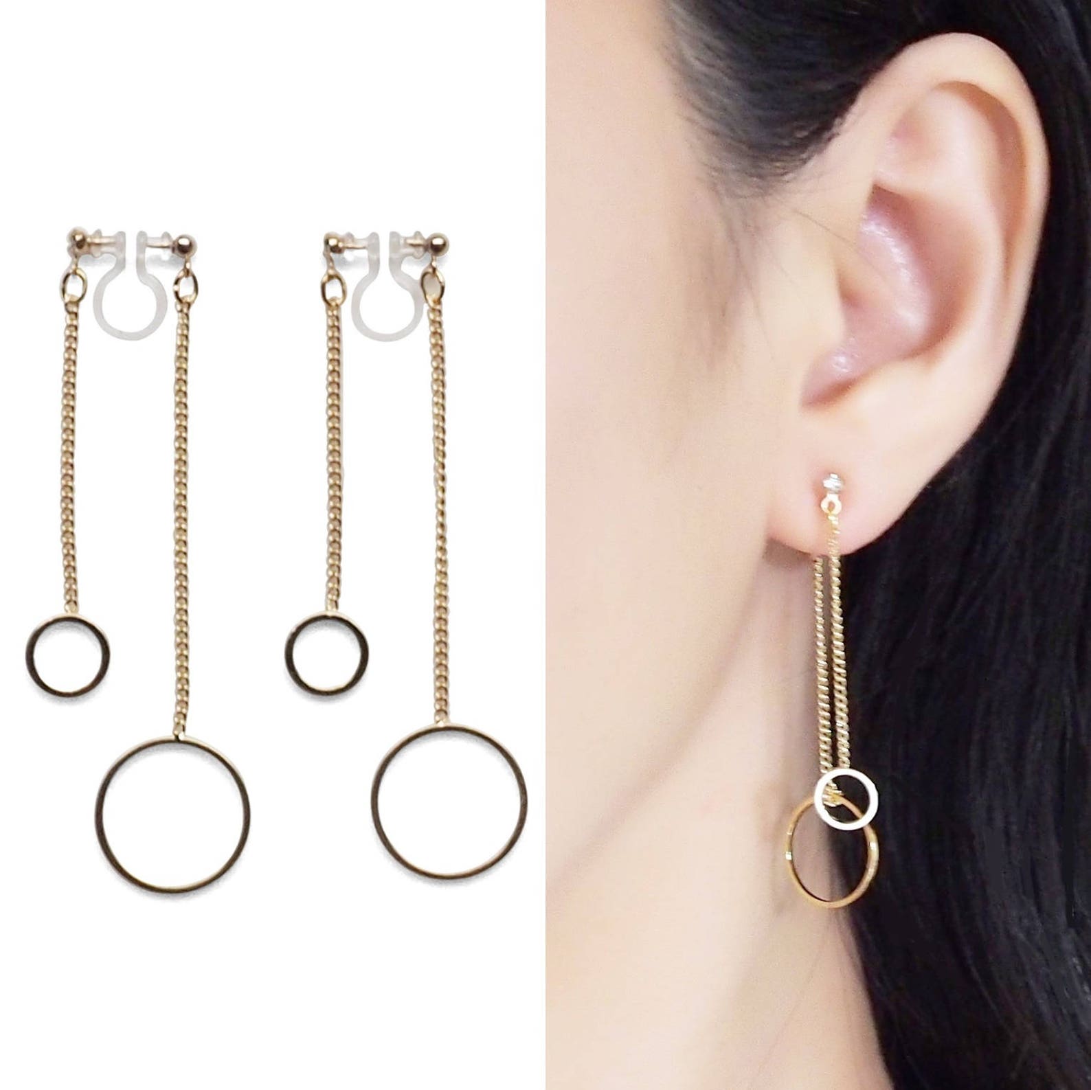 Double Sided Clip on Earrings Dangle Gold Hoops Invisible Clip On ...