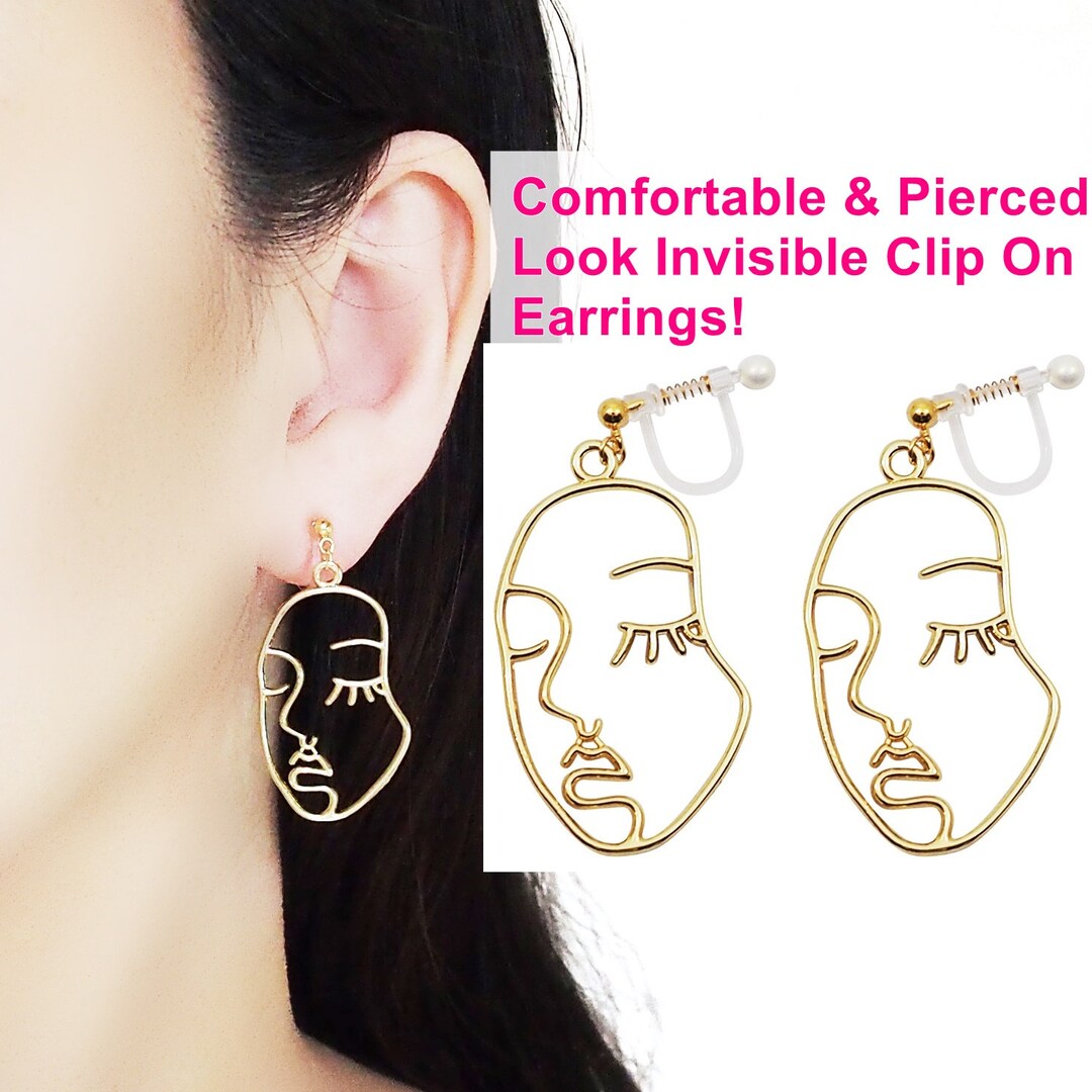 Face Clip on Earrings, Invisible Clip on Earrings Dangle, Gold Picasso ...