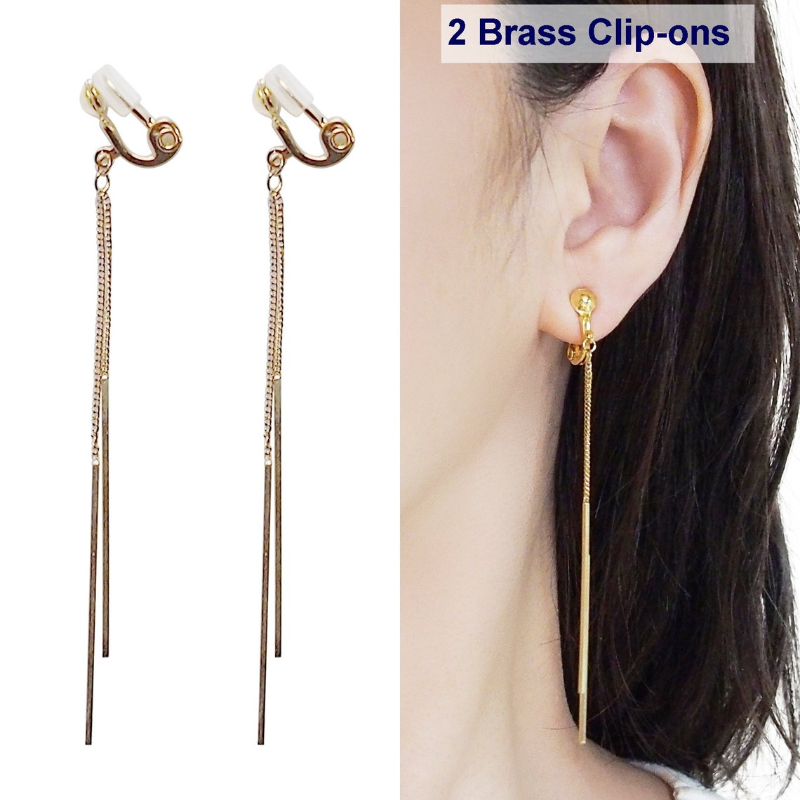 Invisible clip on earrings dangle gold bar | Etsy