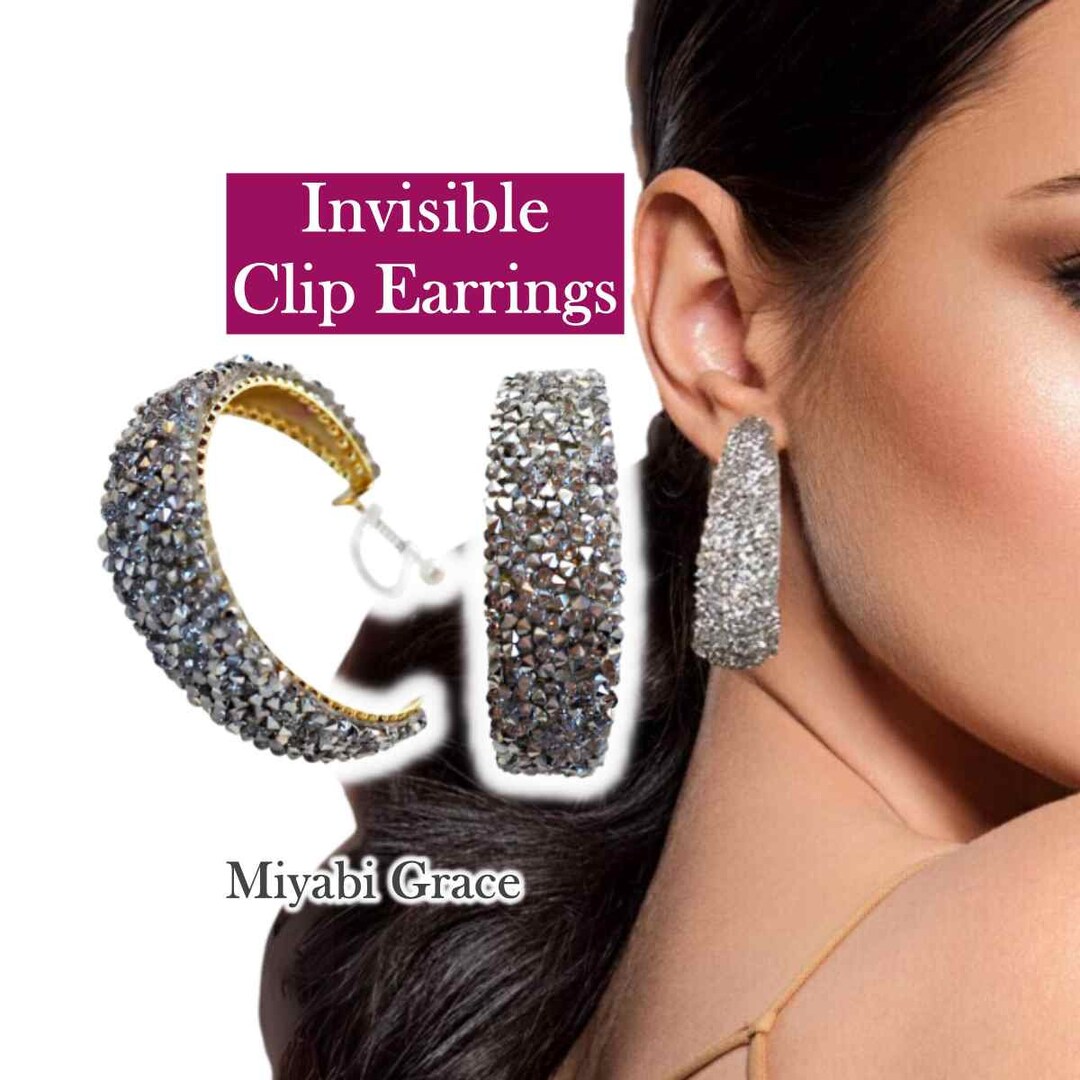 Metallic Silver Invisible Clip on Hoop Earrings, Lage Hoop Clip on ...