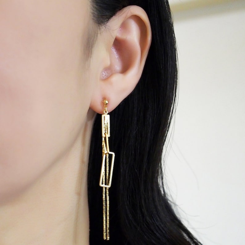 Gold Rectangular Invisible Clip on Earrings Dangle Long Chain Clip ...