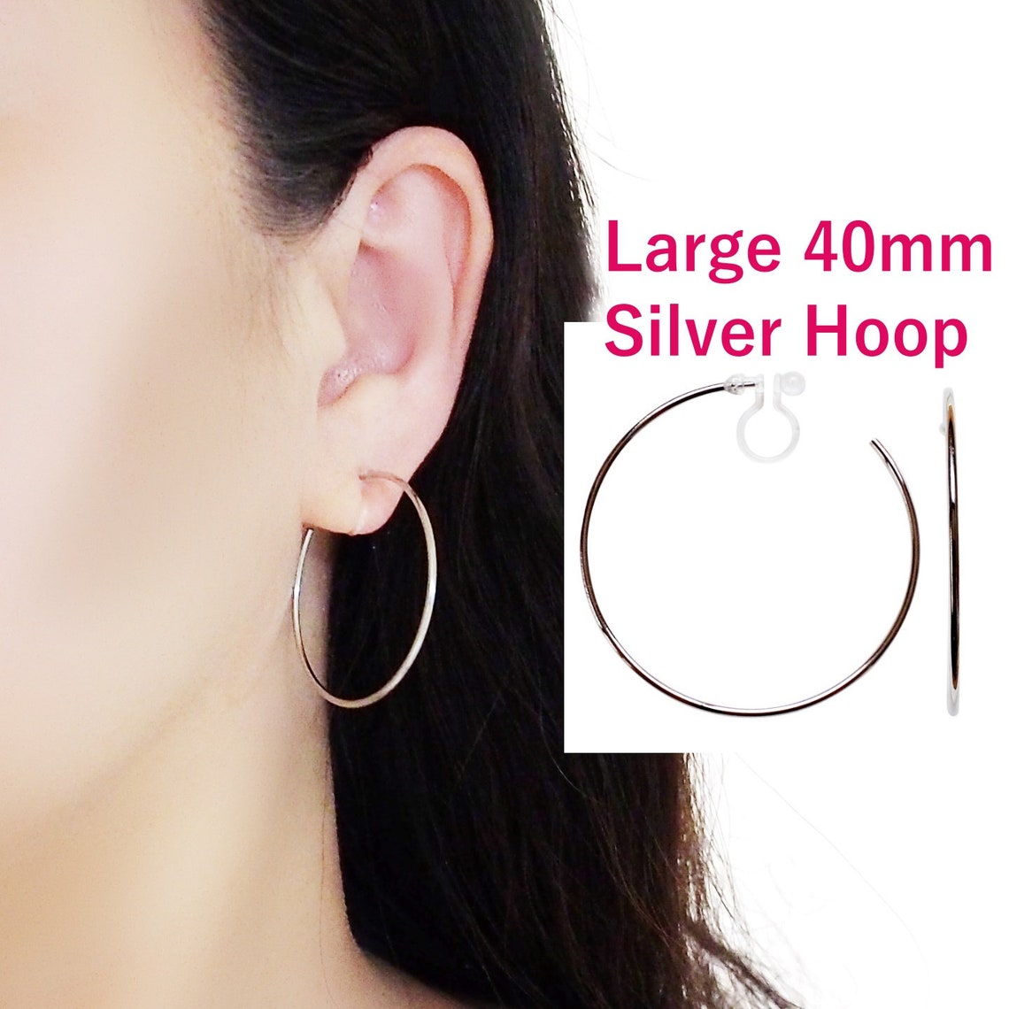 Large 40mm Clip on Hoop Earringssilver Hoop Earringsbig - Etsy