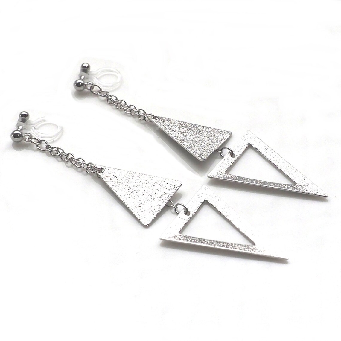 Metallic Silver Triangle Invisible Clip on Earrings Dangle - Etsy