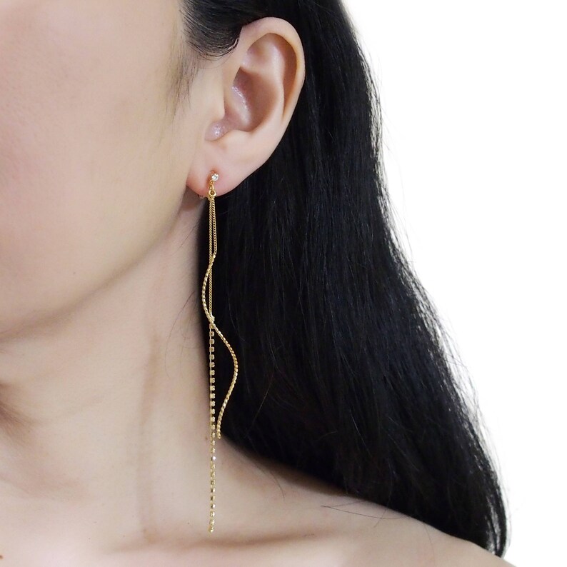 Dangle gold threader invisible clip on earrings rhinestone | Etsy