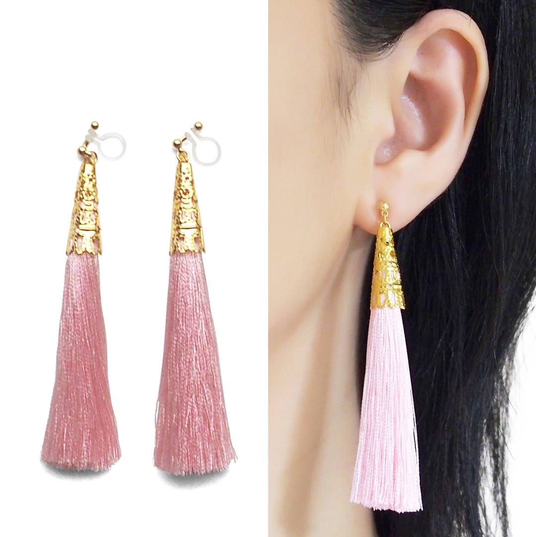 Pink Clip on Earrings Tassel. Fringe Clip on Earrings Dangle. Modern ...