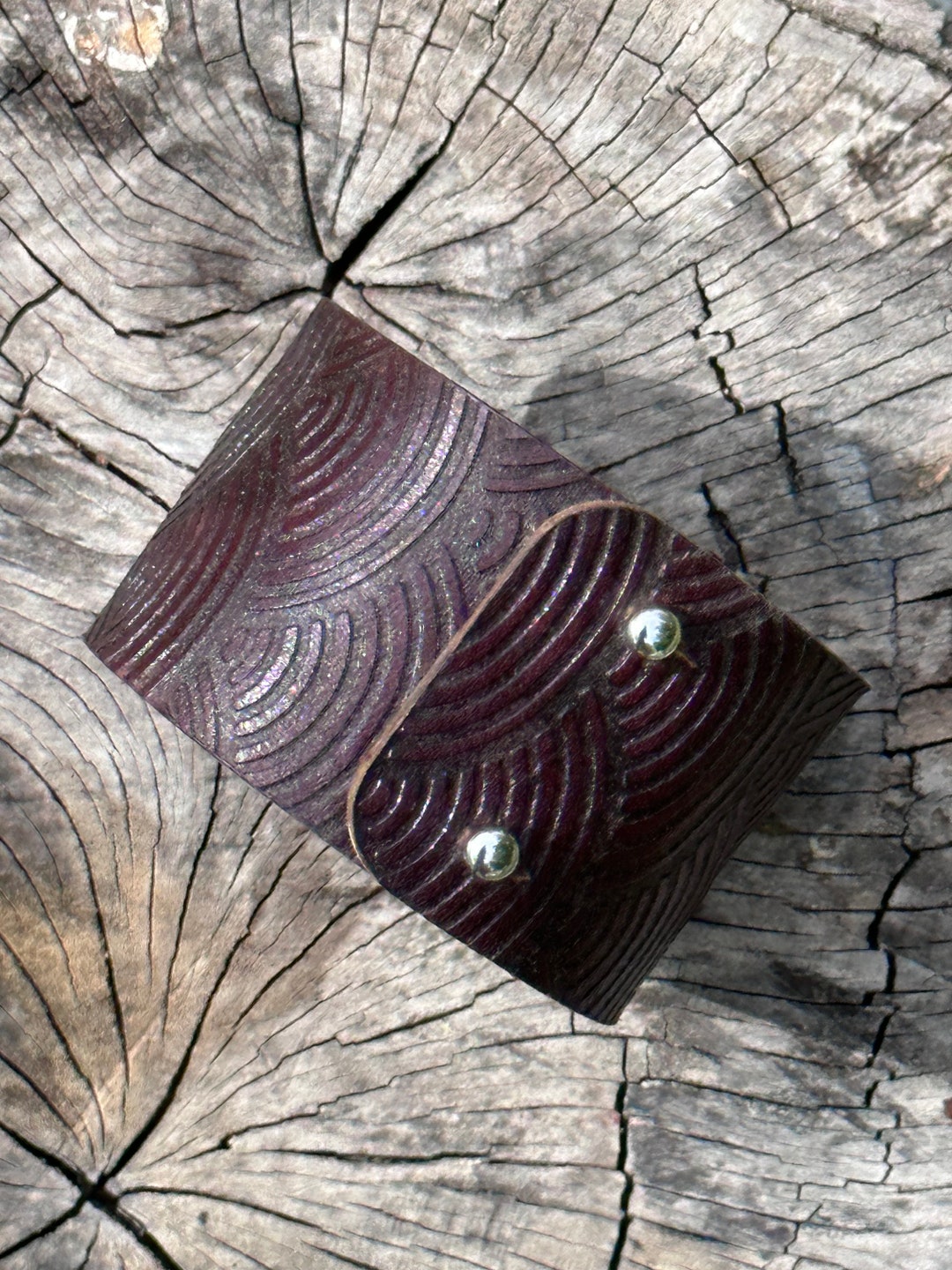 Leather Cuff | Bracelet | Japanese Wave Form | Engraved | Dark Brown ...