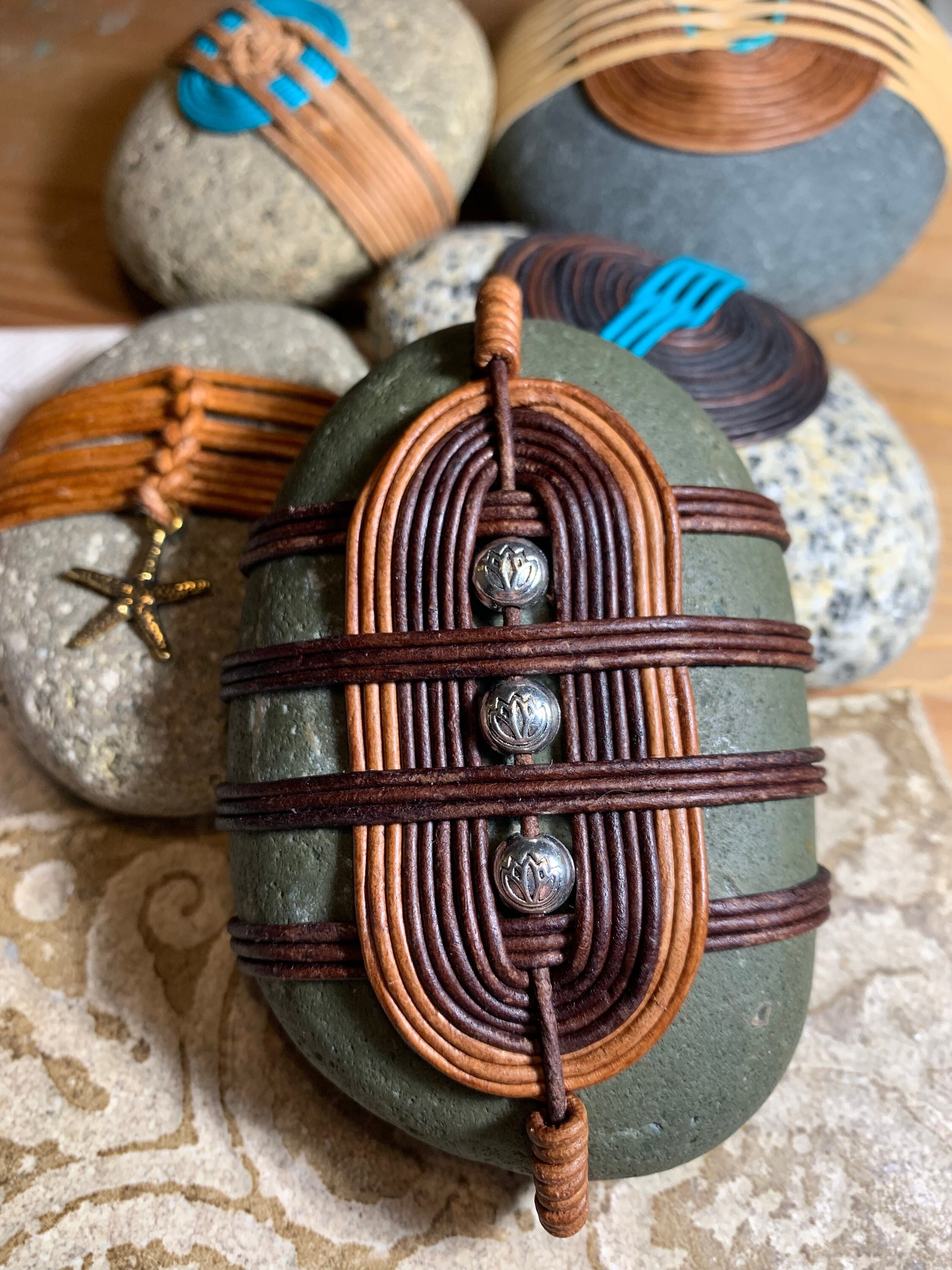 Leather Wrapped Rock,medium Meditation Stone, Zen Rock leather N Lotus ...