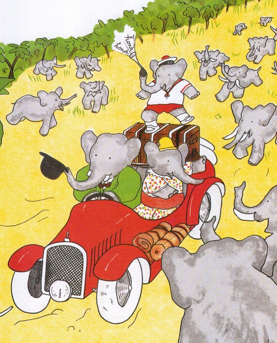 Babar the Elephant Celeste & Arthur in Red Car. Vintage Print - Etsy UK