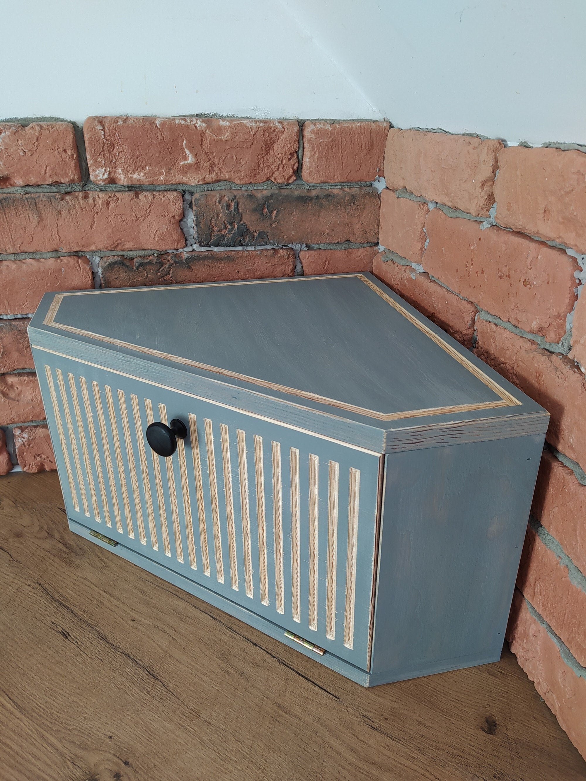 Corner Farmhouse Breadbox in Grey, Cupboard Bread Box in Rustic ...