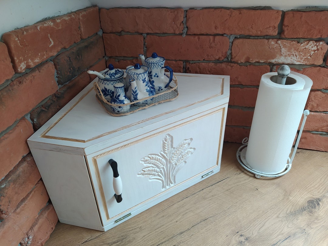 Corner Farmhouse Breadbox in Grey, Cupboard Bread Box in Rustic ...