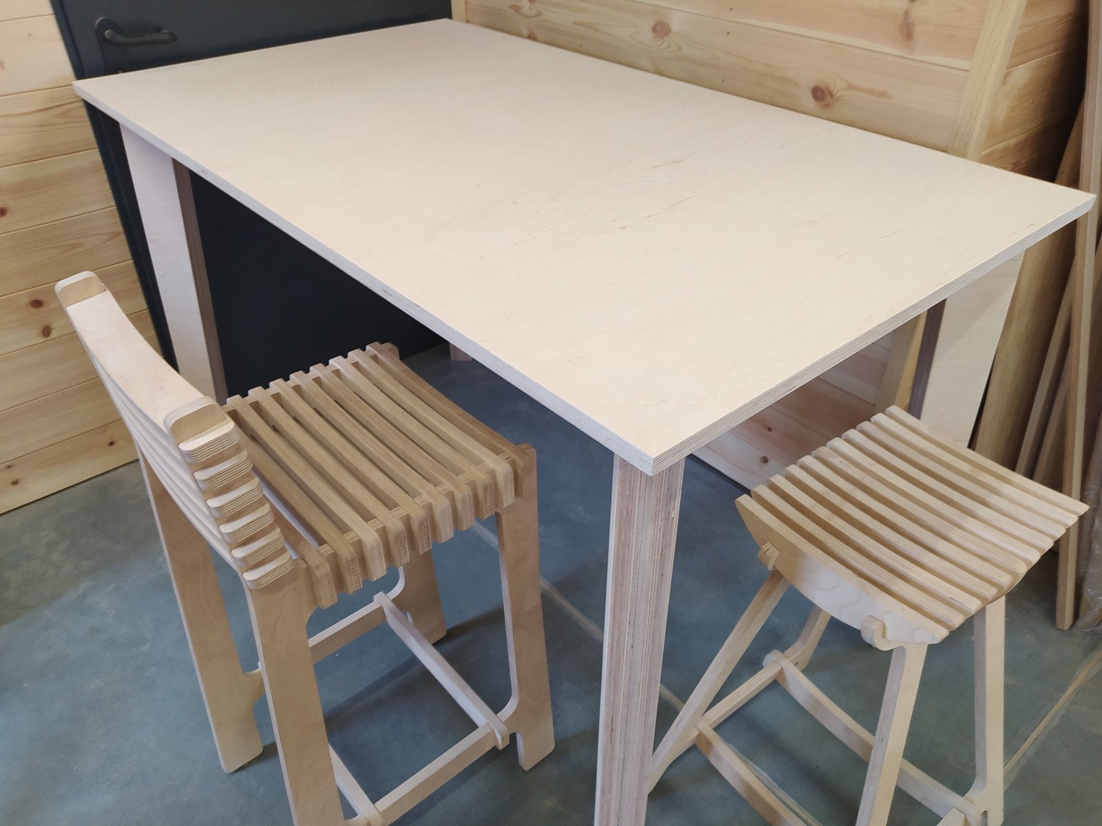 A Table With Bar Stools, a Set of Furniture for the Kitchen, Plywood ...
