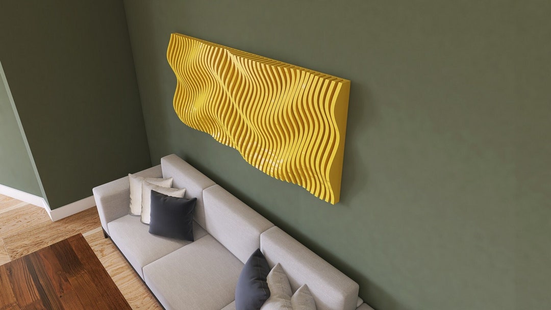 Parametric Wood Wall Art, Colorful Wall Decor, Wave Wall Decor, Yellow ...