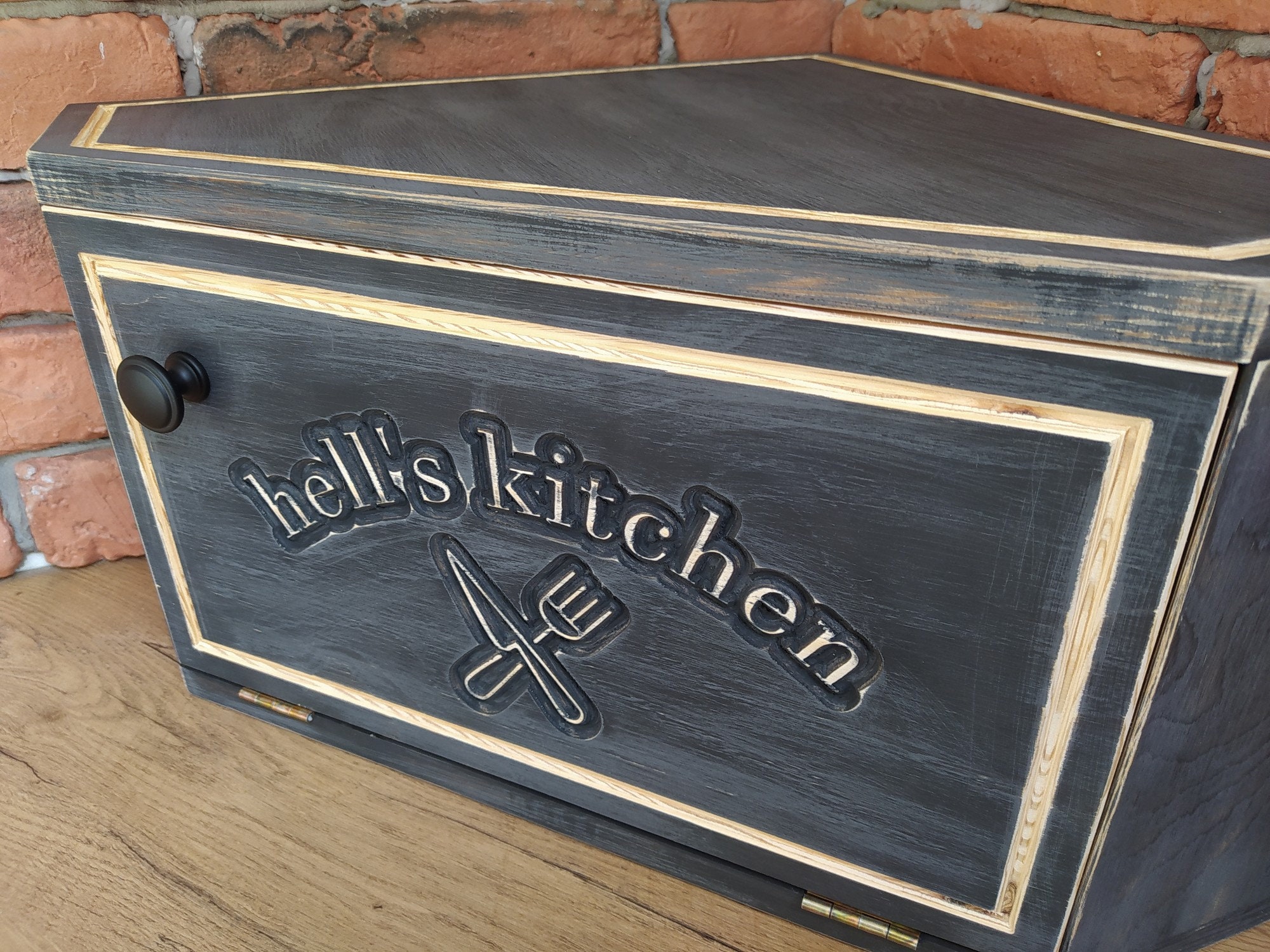 Corner Farmhouse Breadbox Hells Kitchen, Cupboard Bread Box in Rustic ...