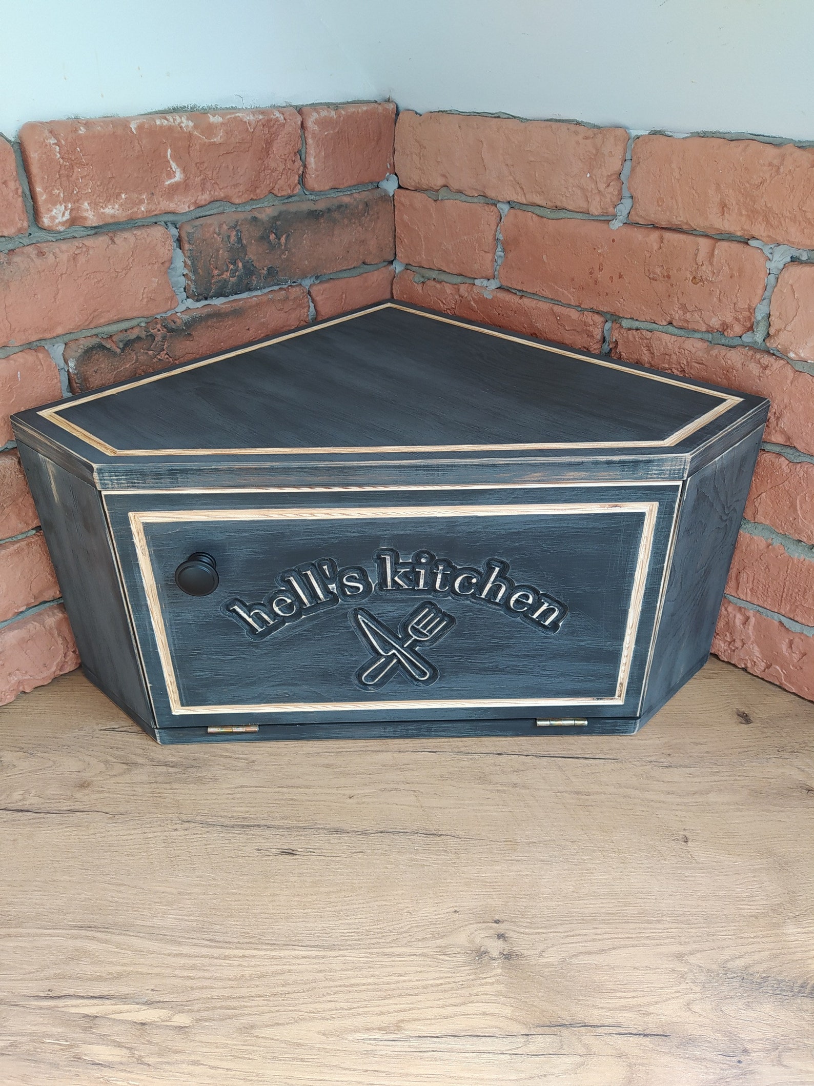 Corner Farmhouse Breadbox Hells Kitchen, Cupboard Bread Box in Rustic ...