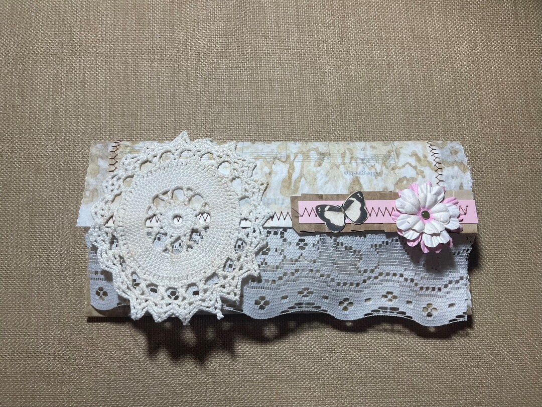 Shabby Junk Journal Crunchy Pouch With Ephemera Lace scrappy Embossed ...
