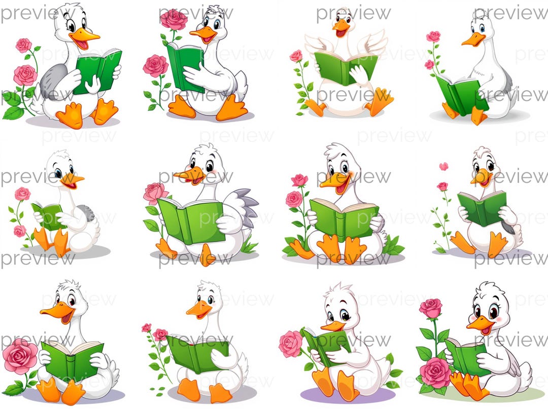 Cartoon Duck Clipart: Playful Ducks Reading Books With Roses (digital ...