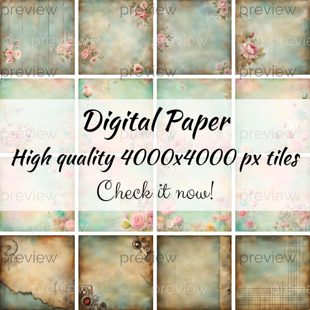 Vintage Floral Digital Paper: Rustic Blue Beige Backgrounds (PNG ...