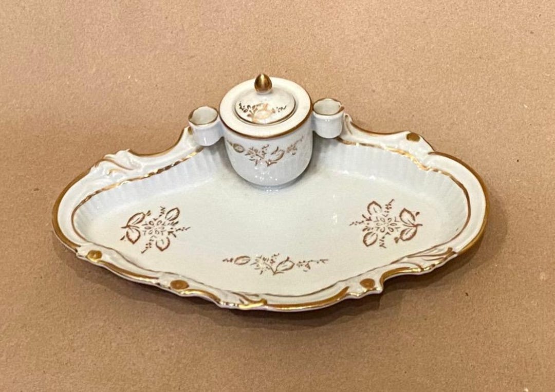 Vintage White and Gold Porcelain Inkwell - Etsy