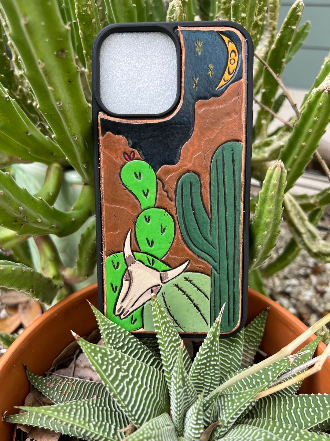 IPhone Case Tooled Leather Western Phone Case Night Desert Fits iPhone ...