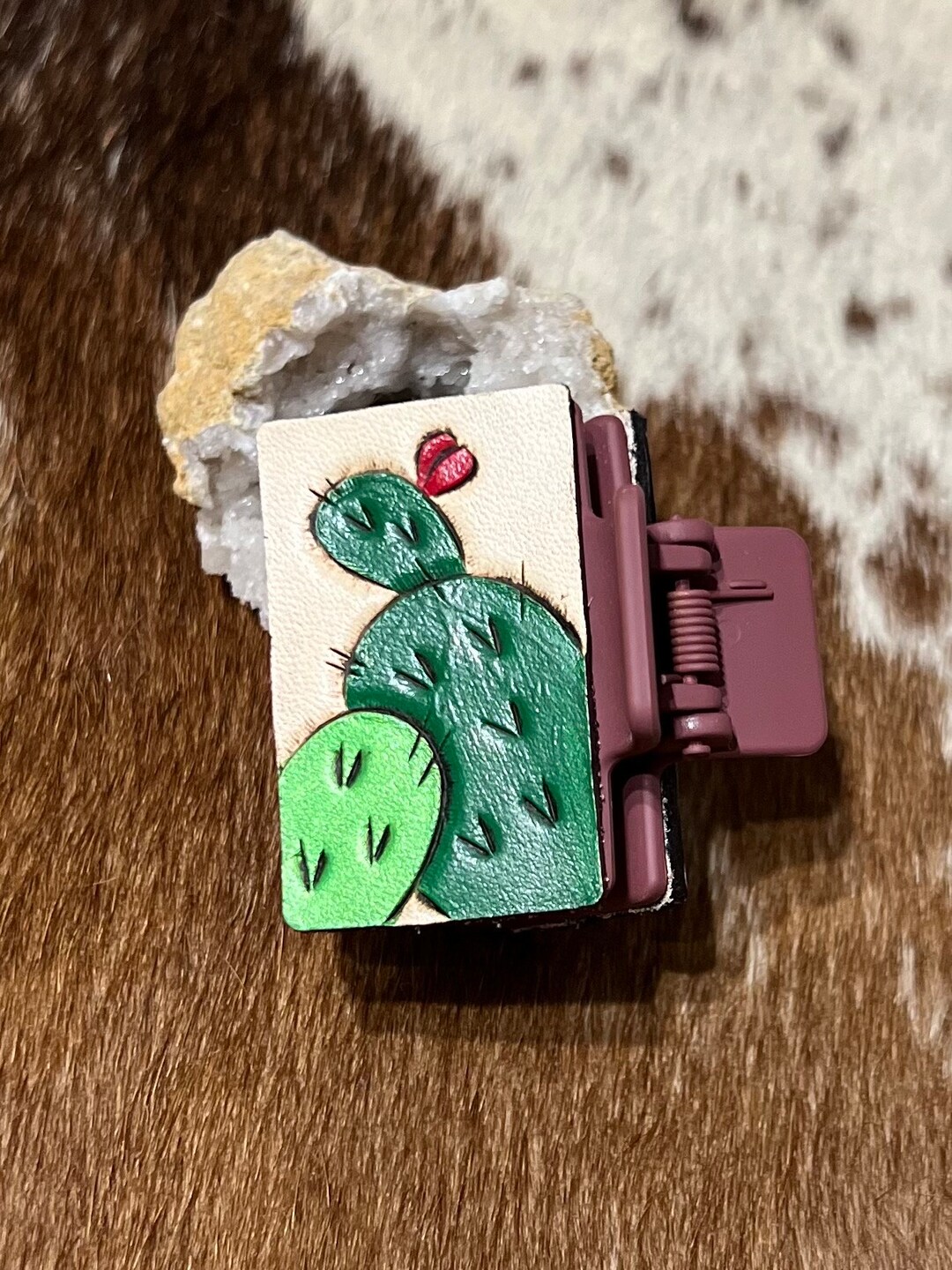 Claw Clip Western Tooled Leather Cactus Western Hand Carved and Painted ...