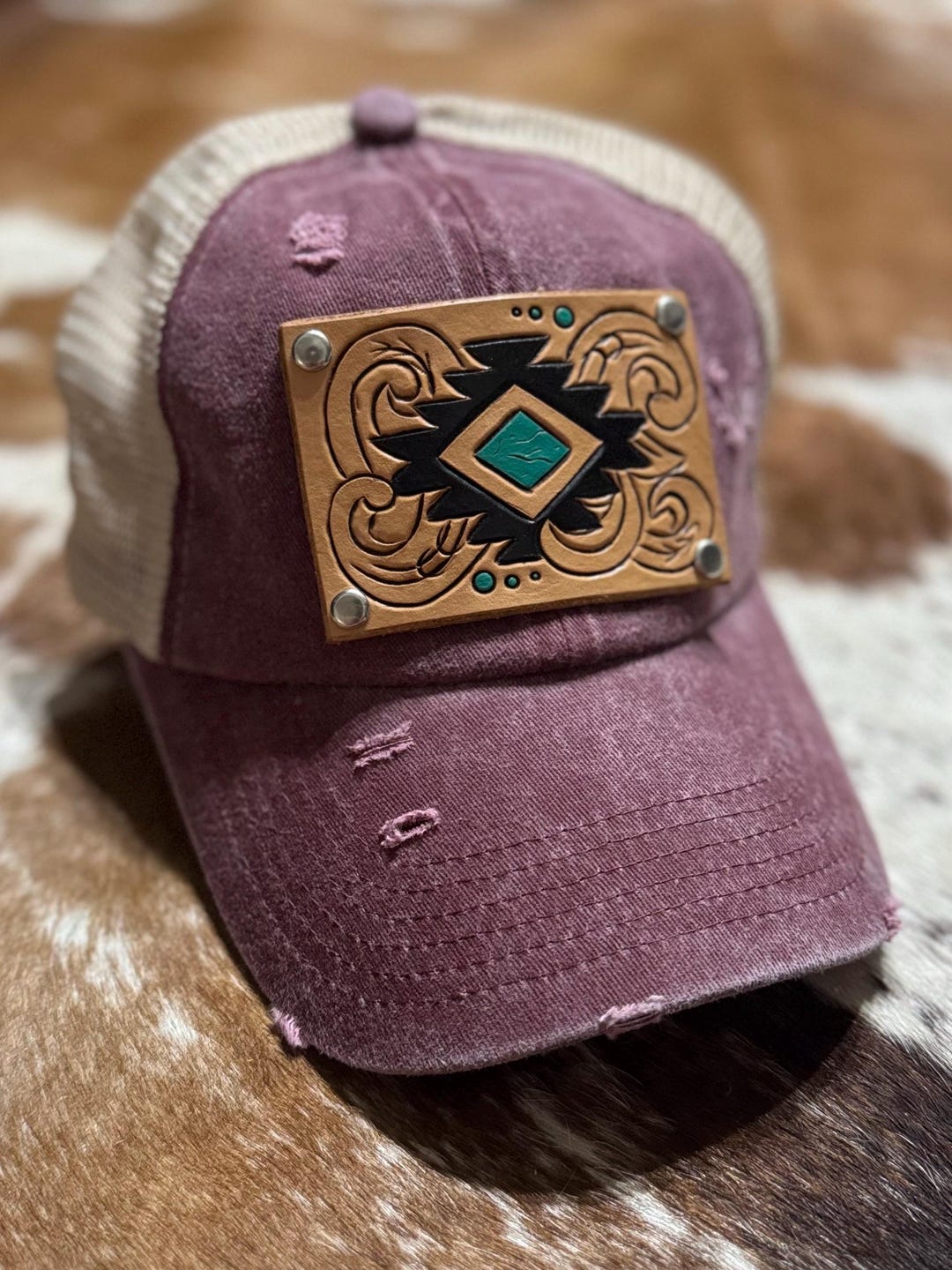 Tooled Leather Patch Cap With Ponytail or Bun Hole Women’s - Etsy
