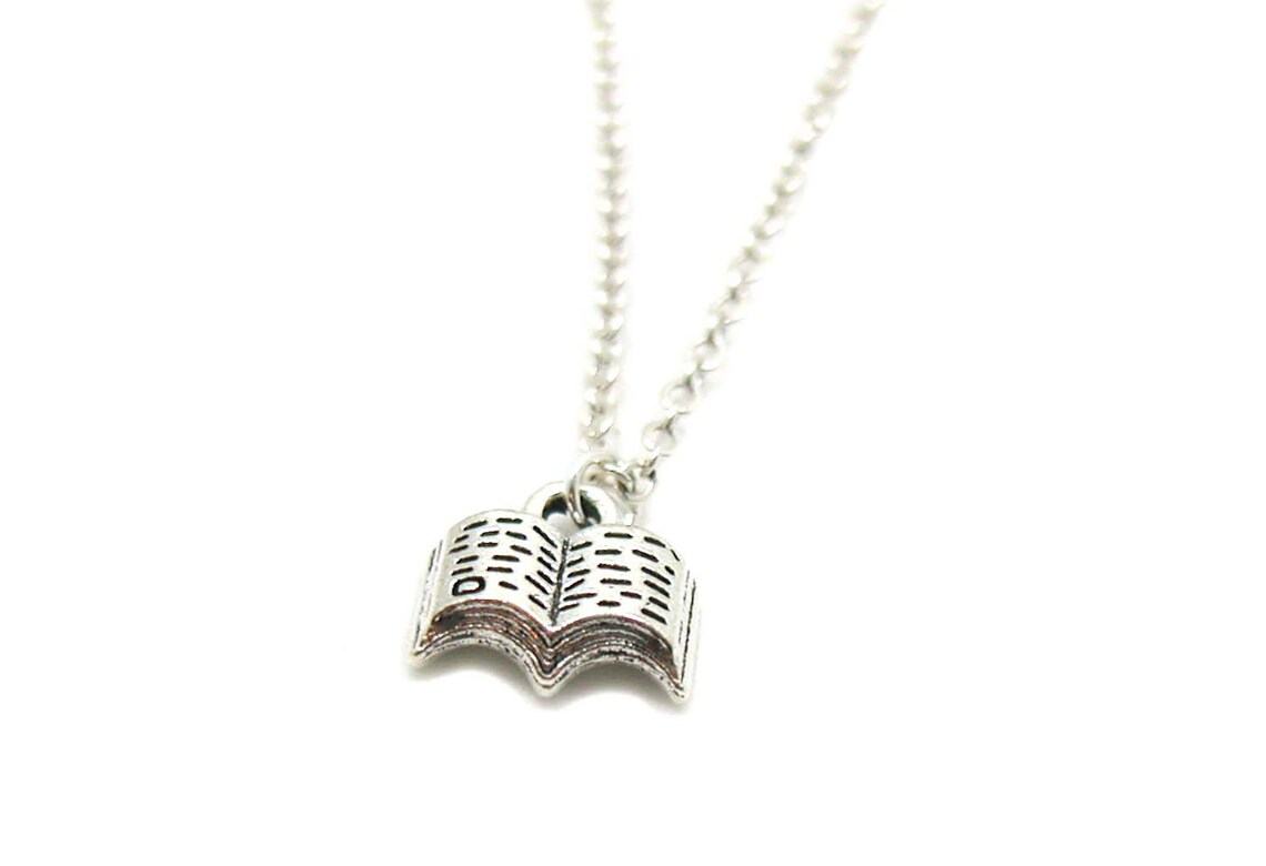 Silver Book Necklace, Open Book Charm Necklace, Personalized Necklace ...