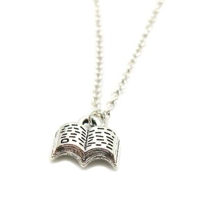 Silver Book Necklace, Open Book Charm Necklace, Personalized Necklace ...