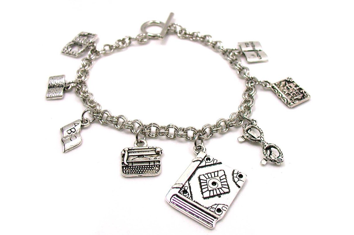 Book Lover Charm Bracelet, Book Charm Bracelet, Writer Charm Bracelet ...