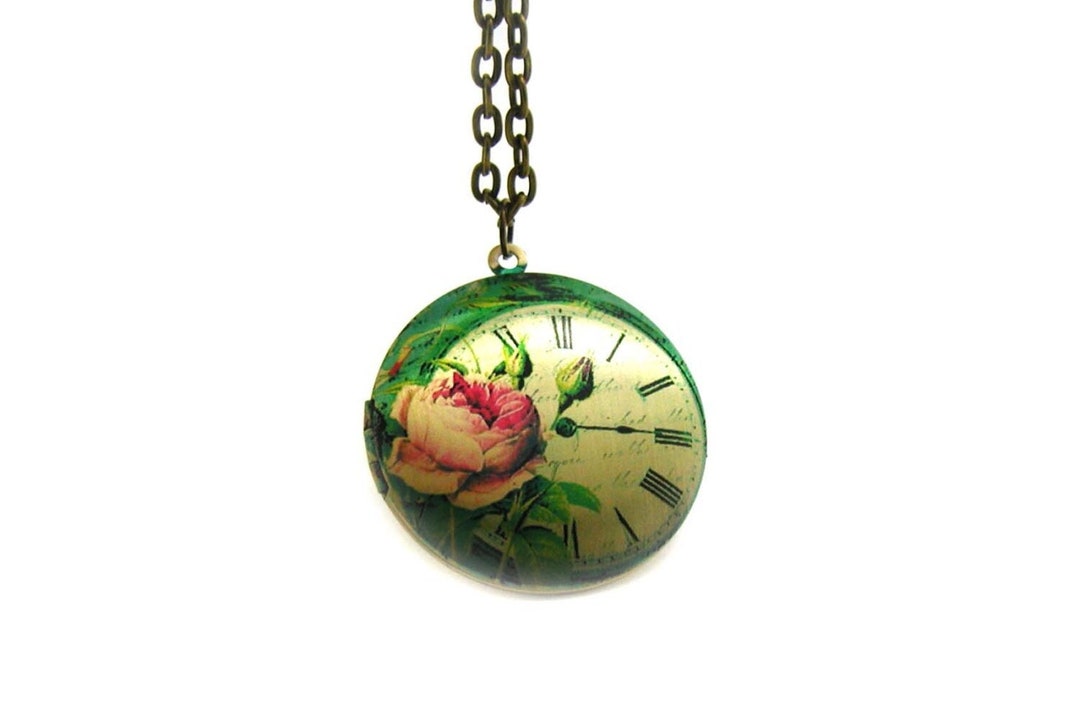 Clock Necklace, Charm Necklace, Long Bronze Necklace, Memory Locket ...