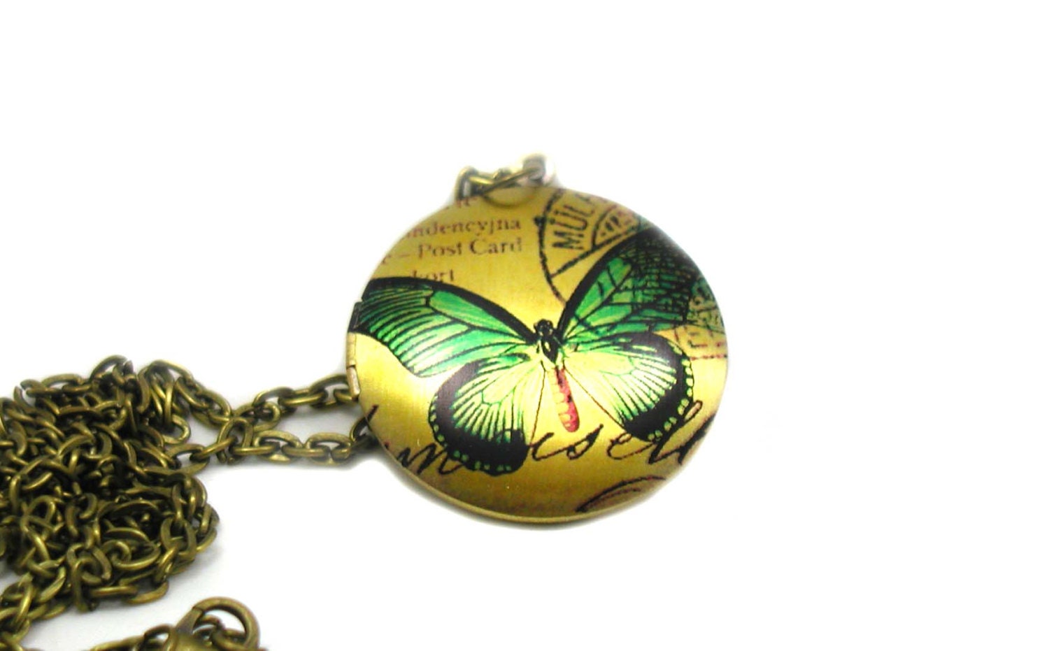 Green Butterfly Necklace Charm Necklace Long Bronze | Etsy