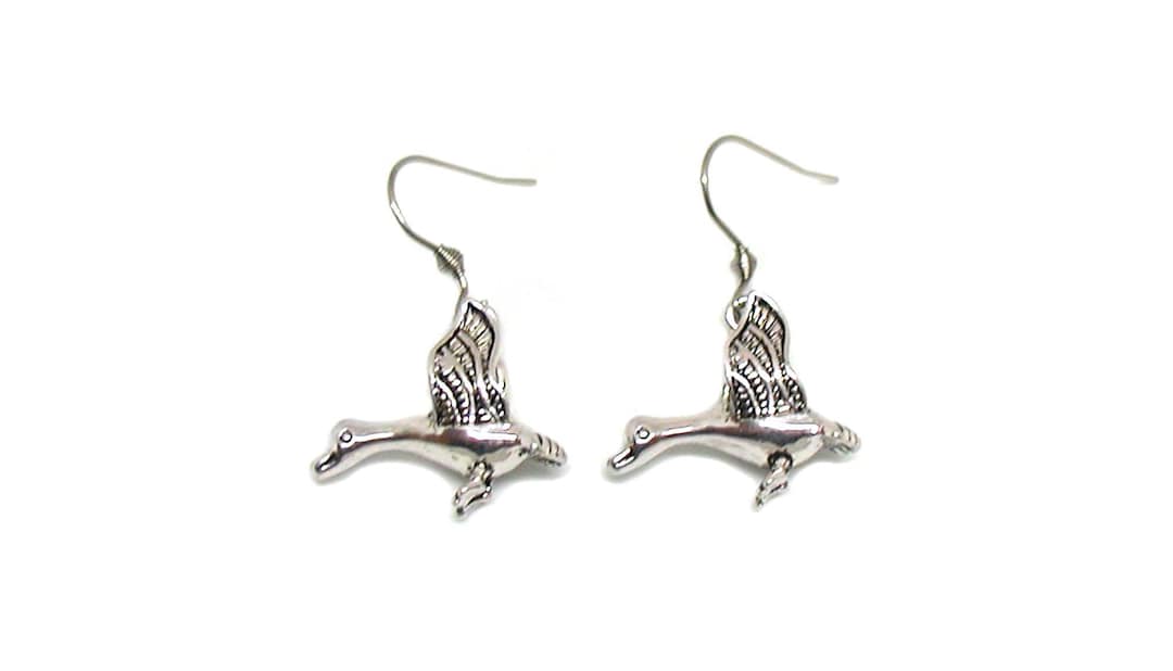 Flying Duck Earrings, Mallard Duck Charm, Duck Jewelry, Silver Duck ...