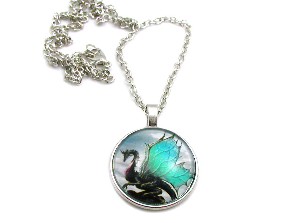Dragon Necklace, Dragon Pendant, Dragon Charm Necklace, Cabochon ...
