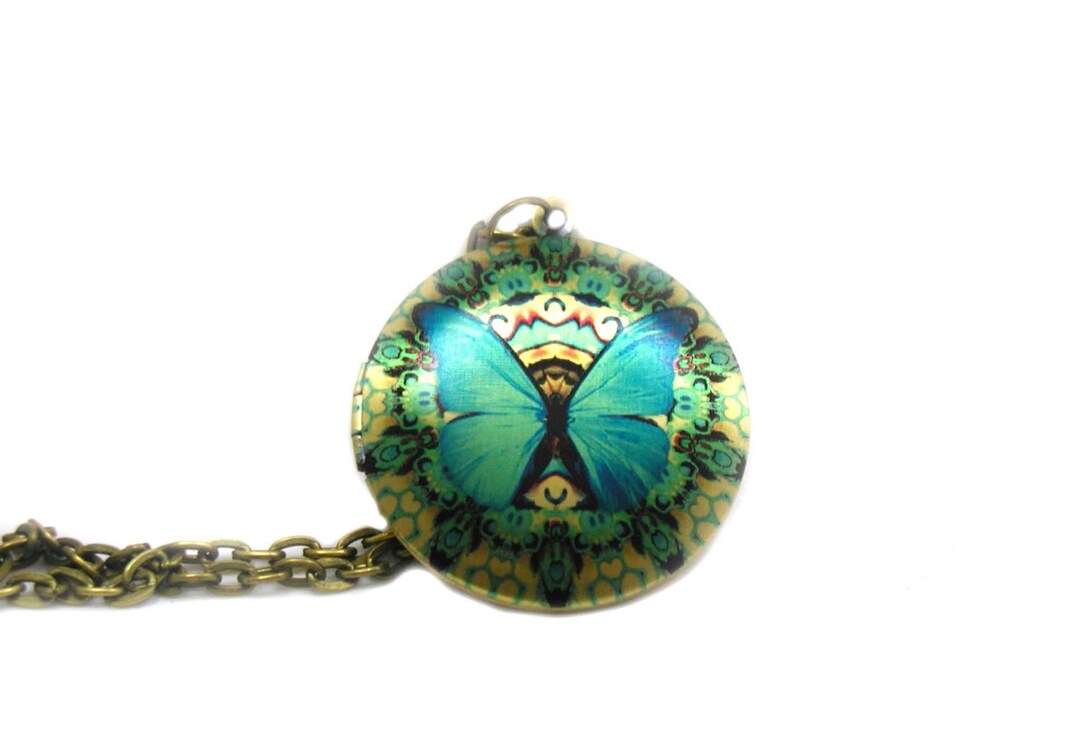 Blue Butterfly Locket Necklace, Charm Necklace, Bronze Necklace ...