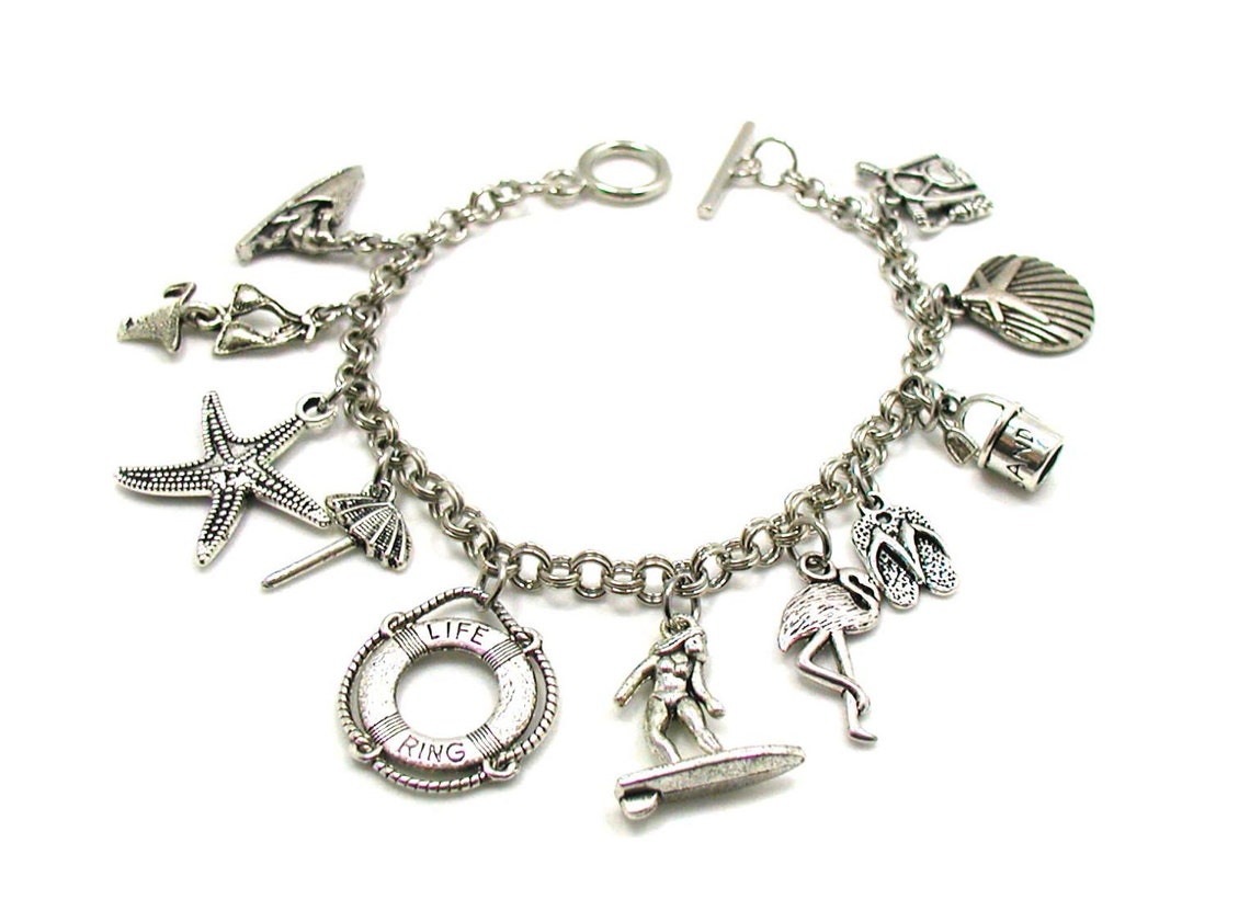 Beach Charm Bracelet, Beach Bracelet, Swimming Bracelet, Swimming Charm ...