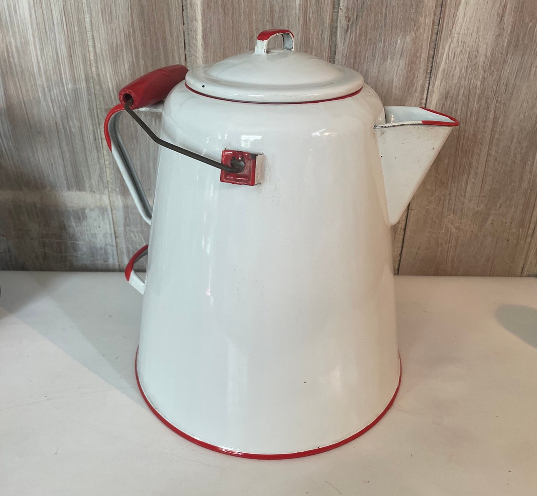 Large Vintage White Enamelware Kettle With Red Handles and Rims ...
