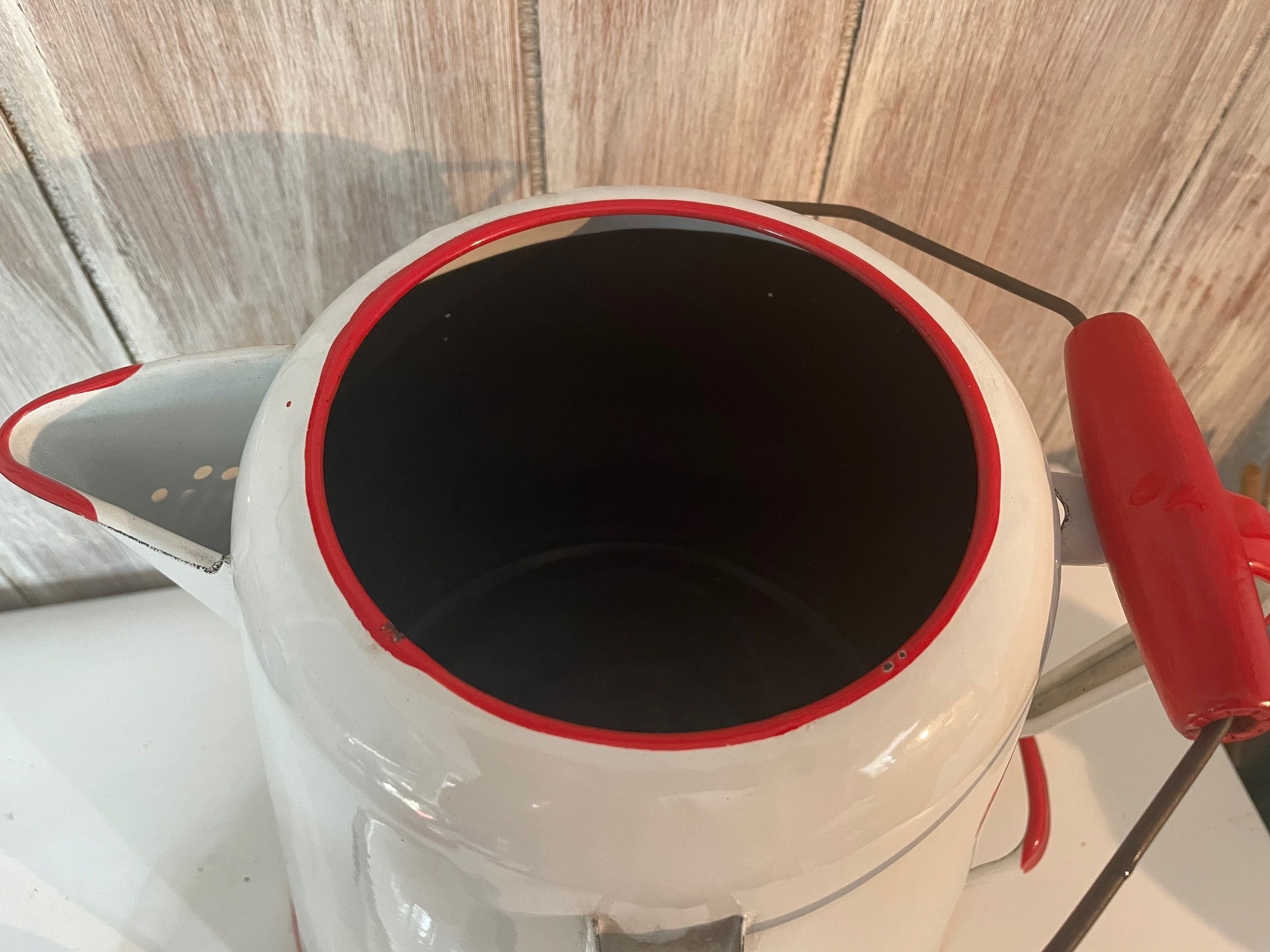 Large Vintage White Enamelware Kettle With Red Handles and Rims ...