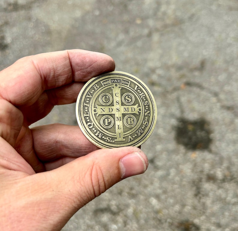 Saint Benedict Seal 50mm Brass EDC Coin - Religious Medallion Gift - Etsy