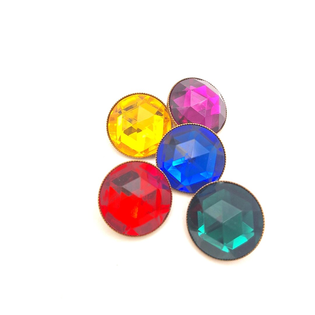 Jewel Colours Diamond Facet Cut Glass Buttons Set in Metal, Set of 5 ...