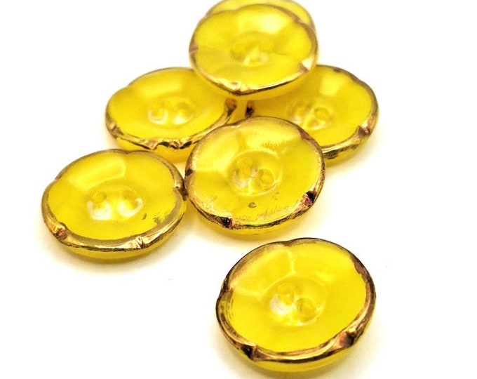 Flower Shaped Bright Yellow Vintage Glass Buttons With Gold Edging ...