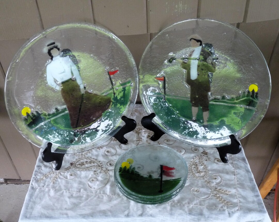 Slumped Glass Plates SET With Golf Motif Theme on All Designed by Peggy ...