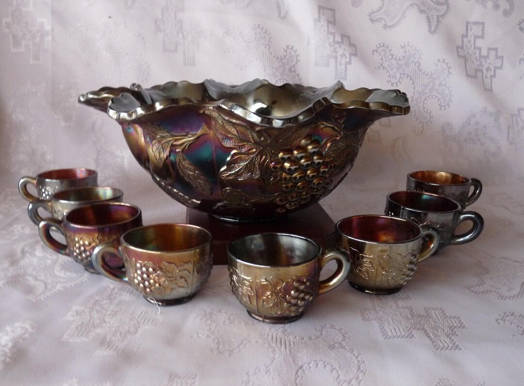 Dugan Glass Co. - MANY FRUITS Pattern - 8pc Antique Iridized Amethyst ...