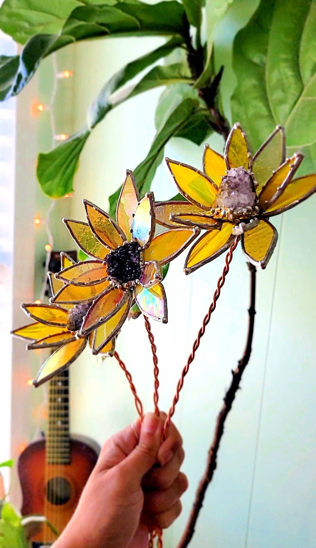 The Crystal AMETHYST Sunflower Stained Glass Flower - Etsy