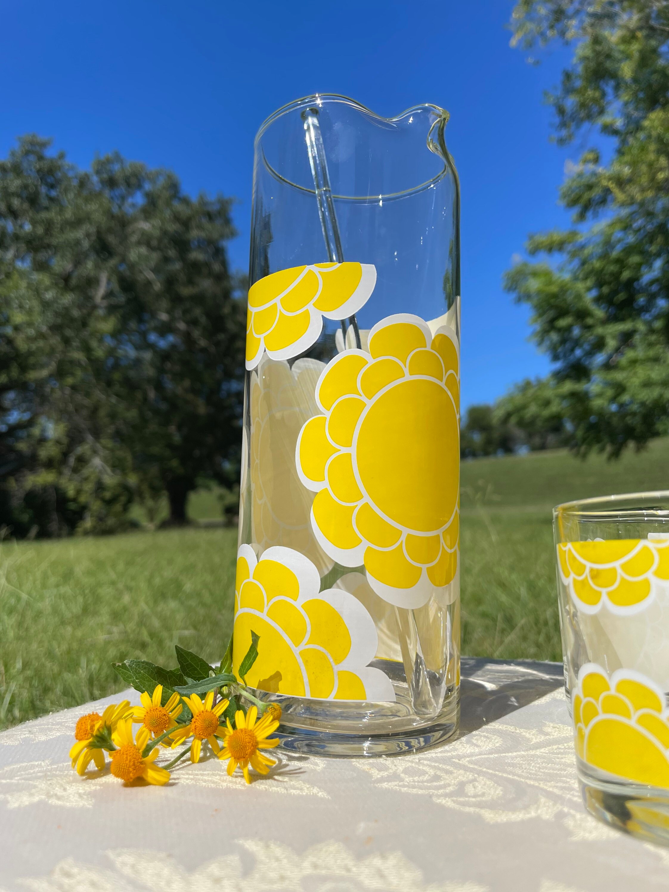 Mod Floral Bright Yellow, 1960s 70s Martini Pitcher Set With 5 Glasses ...