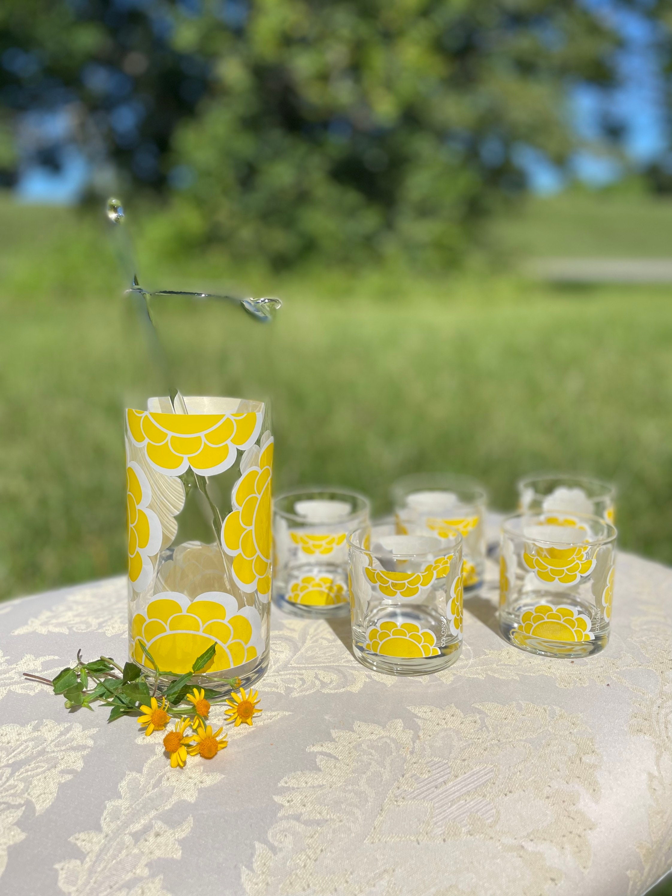 Mod Floral Bright Yellow, 1960s -70s Martini Pitcher Set With 5 Glasses ...