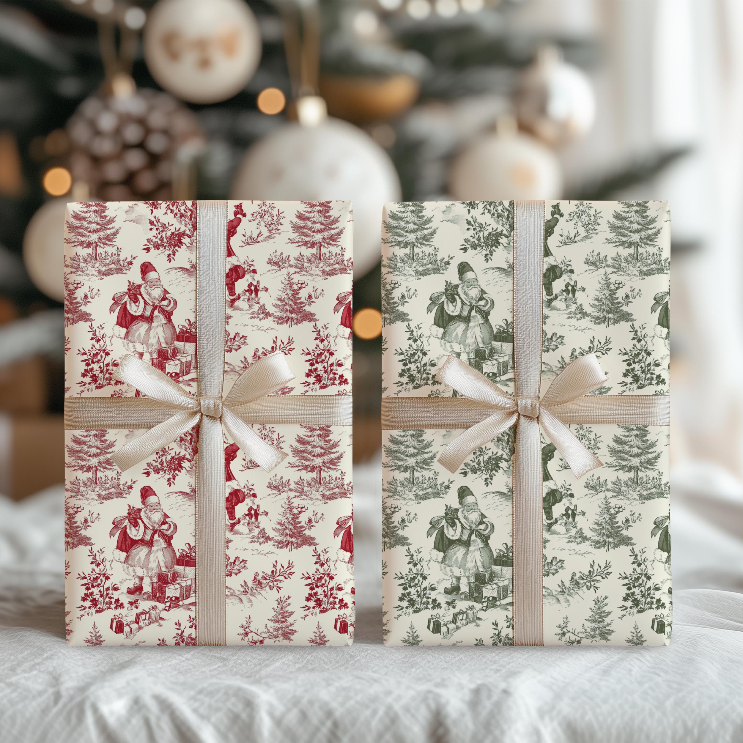 Santa Toile Christmas Wrapping Paper, Vintage Holiday Gift Wrap, Red ...