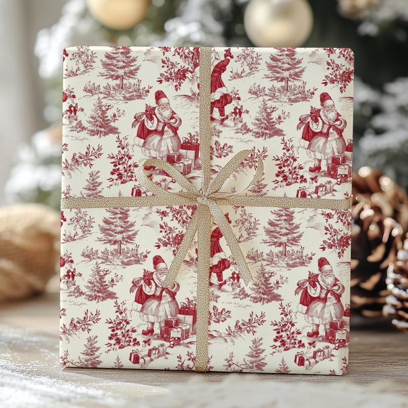Santa Toile Christmas Wrapping Paper, Vintage Holiday Gift Wrap, Red ...