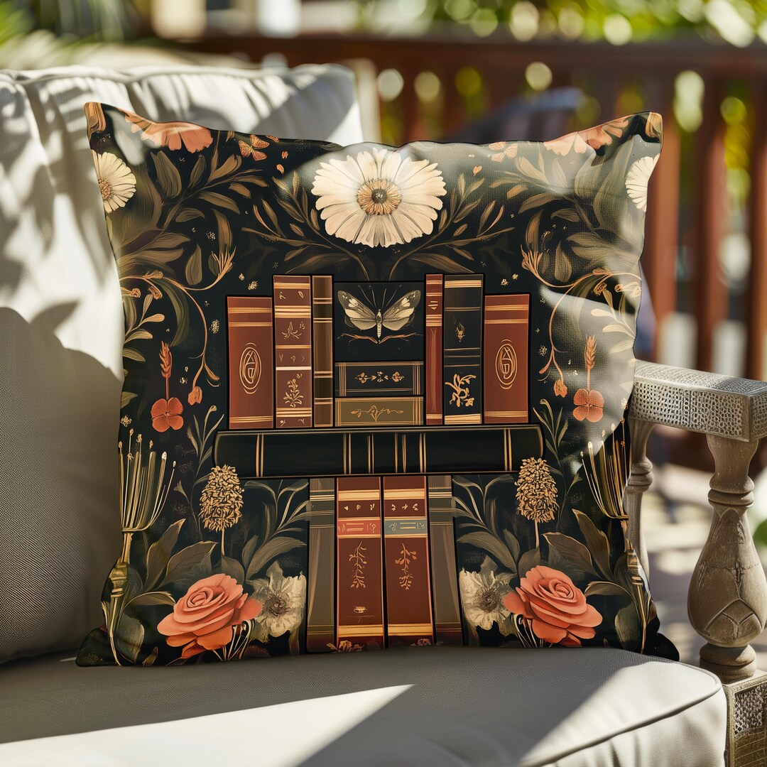 William Morris Book Throw Pillow: Dark Academia Floral Library Cushion ...