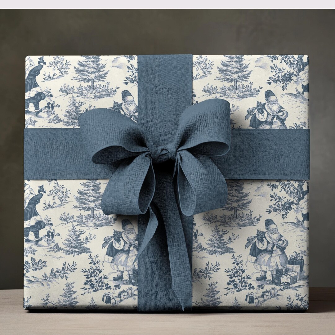Santa Toile Christmas Wrapping Paper, Vintage Holiday Gift Wrap, Red ...